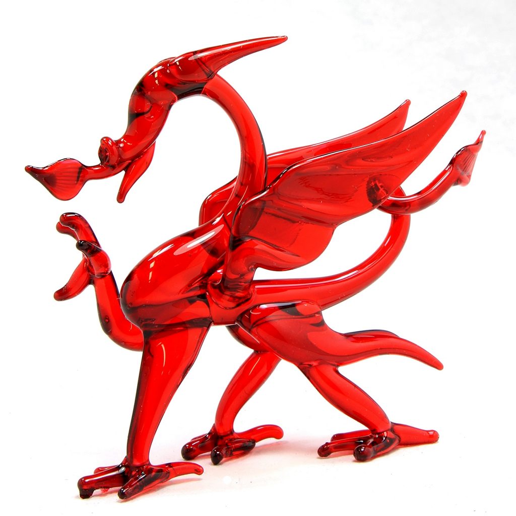 Mini Glass Standing Red Welsh Heraldic Dragon on slate (Y Ddraig Goch ...
